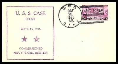 USS CASE DD-370 COMMISSIONING SEP 15 1936 NAVY YARD BOSTON MA CACHET ...