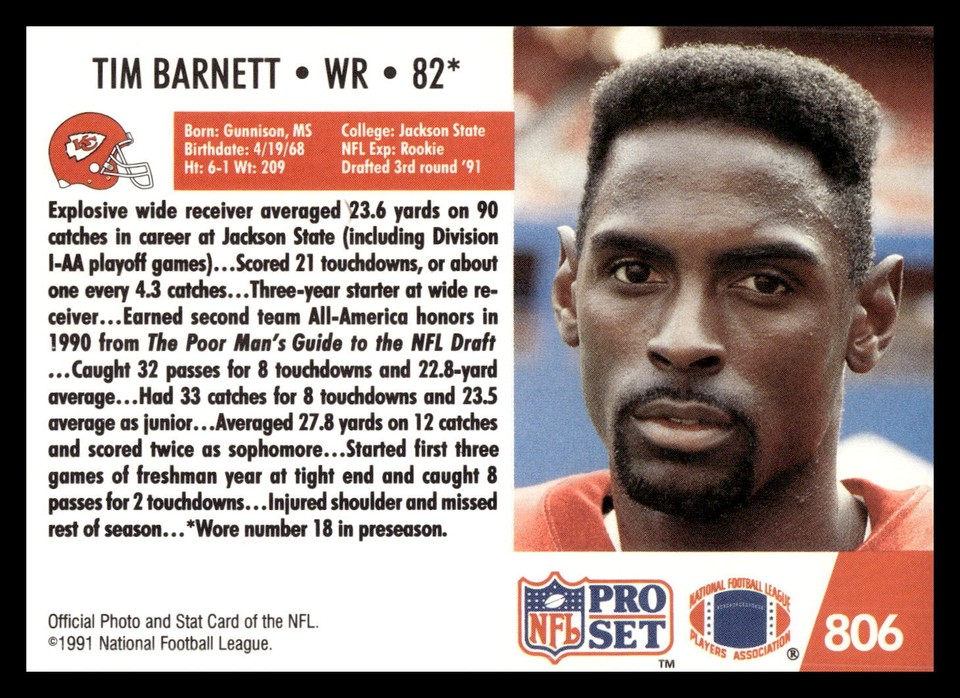 1991 Pro Set #806 Tim Barnett Kansas City Chiefs DC, RC Football Card ...
