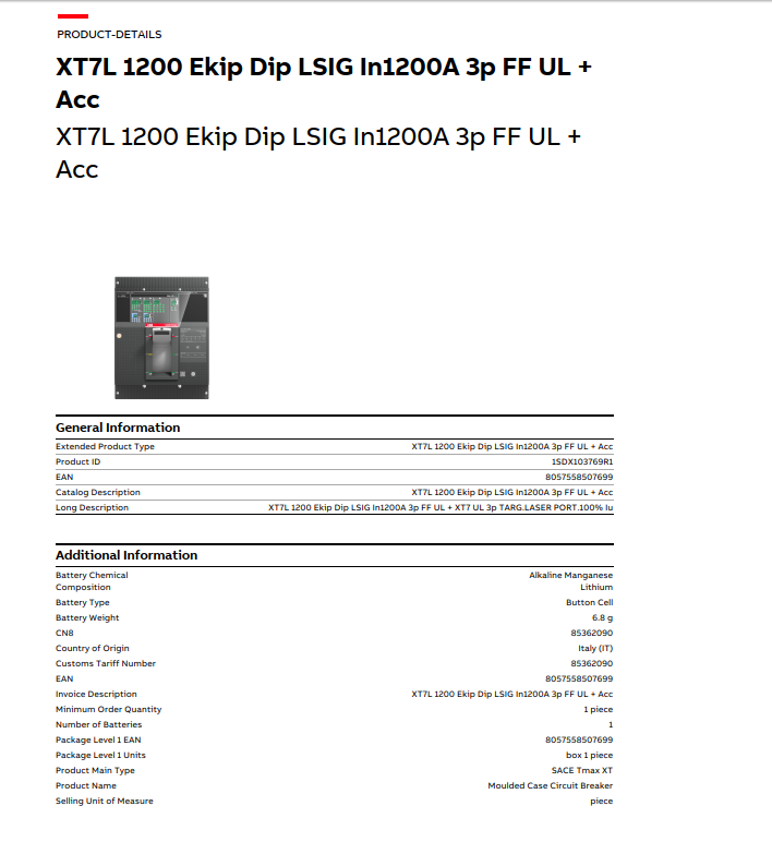 ABB- 1200A XT7 LSIG SE 100% Rated Breaker with N3R Enclosure-480/277V ...