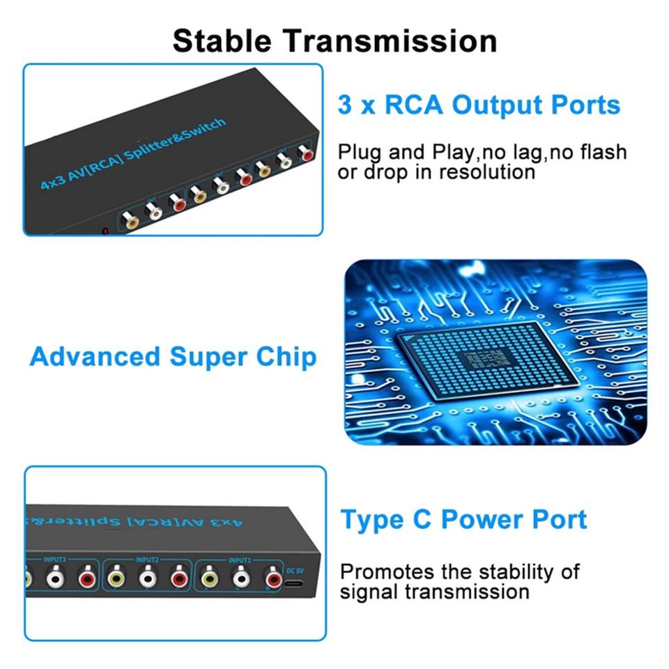 4 In 3 Out AV Switch RCA Switcher Box Video L/R Stereo Audio AV ...