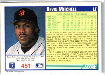 1991 Score #451 Kevin Mitchell | eBay
