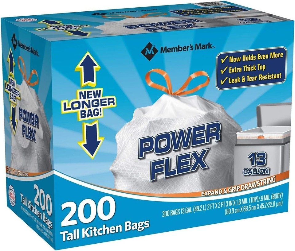 Member's Mark Power Flex Tall Kitchen Drawstring Trash Bags 13 Gallon ...