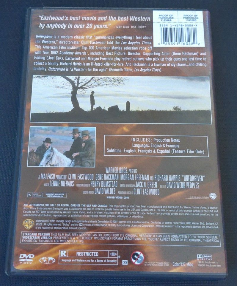 Unforgiven Dvd Clint Eastwood Gene Hackman Morgan Freeman