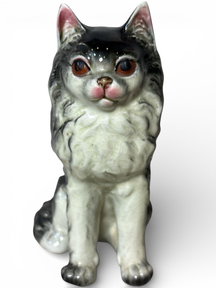 Vintage MCM Longhair Persian Cat Figurine Japan Dark Gray White 7 ...