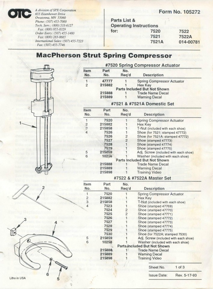 OTC SPX (7522A) MacPherson Strut Spring Compressor Master set Made in ...