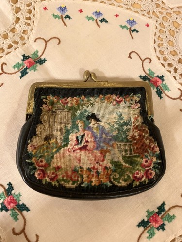 Antique French Coin Purse, Romantic Petit Point Embroidery and Leather ...
