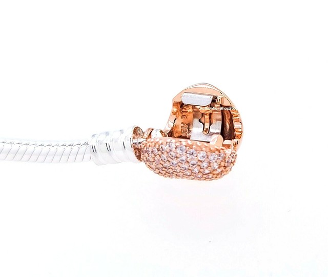 PANDORA 586292cz Rose Gold Silver CZ Pave Heart Clasp Charm Bracelet 7. ...
