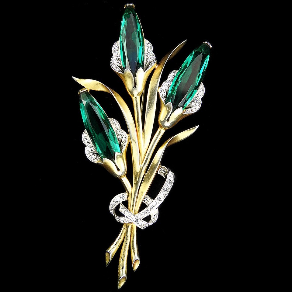 Mazer Gold Pave & Emerald Lozenges Giant Three Flower… - Gem