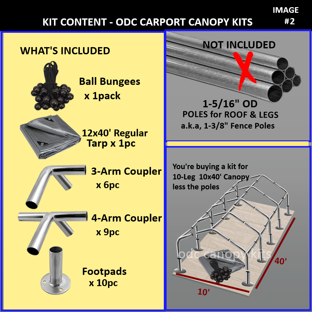 10x40' Carport Canopy Kit |1-3/8'' ID Fittings+Tarp+Bungee | No Roof ...