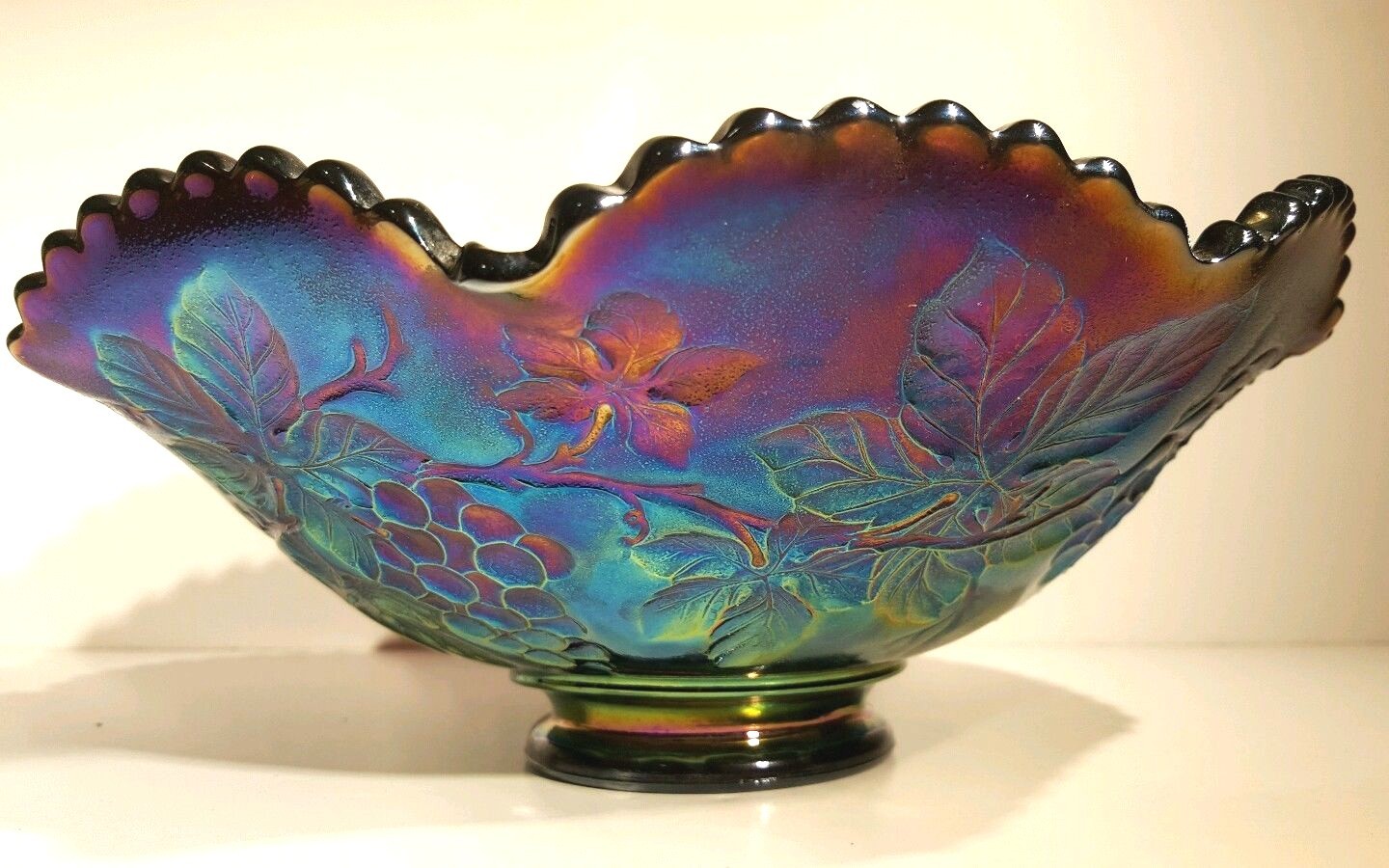 HUGE 11" Northwood Carnival Glass Three Fruits Grape Stippled Bowl Pie ...