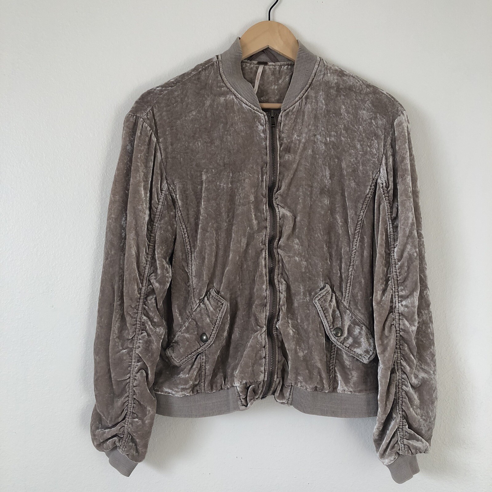 Free People Sz S Crushed Velvet Jacket Bomber Jacket Ruched Beige Tan ...