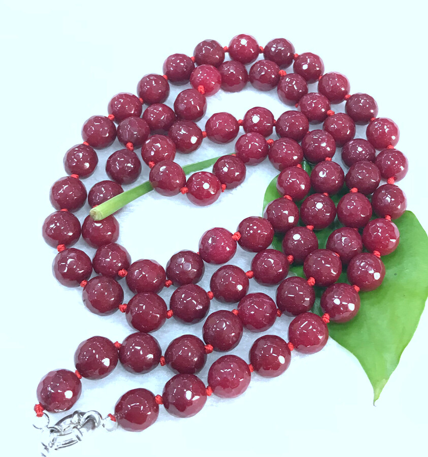 Fine 10mm Ruby jade Faceted Roundel Gems Beads Necklace Silver plating ...