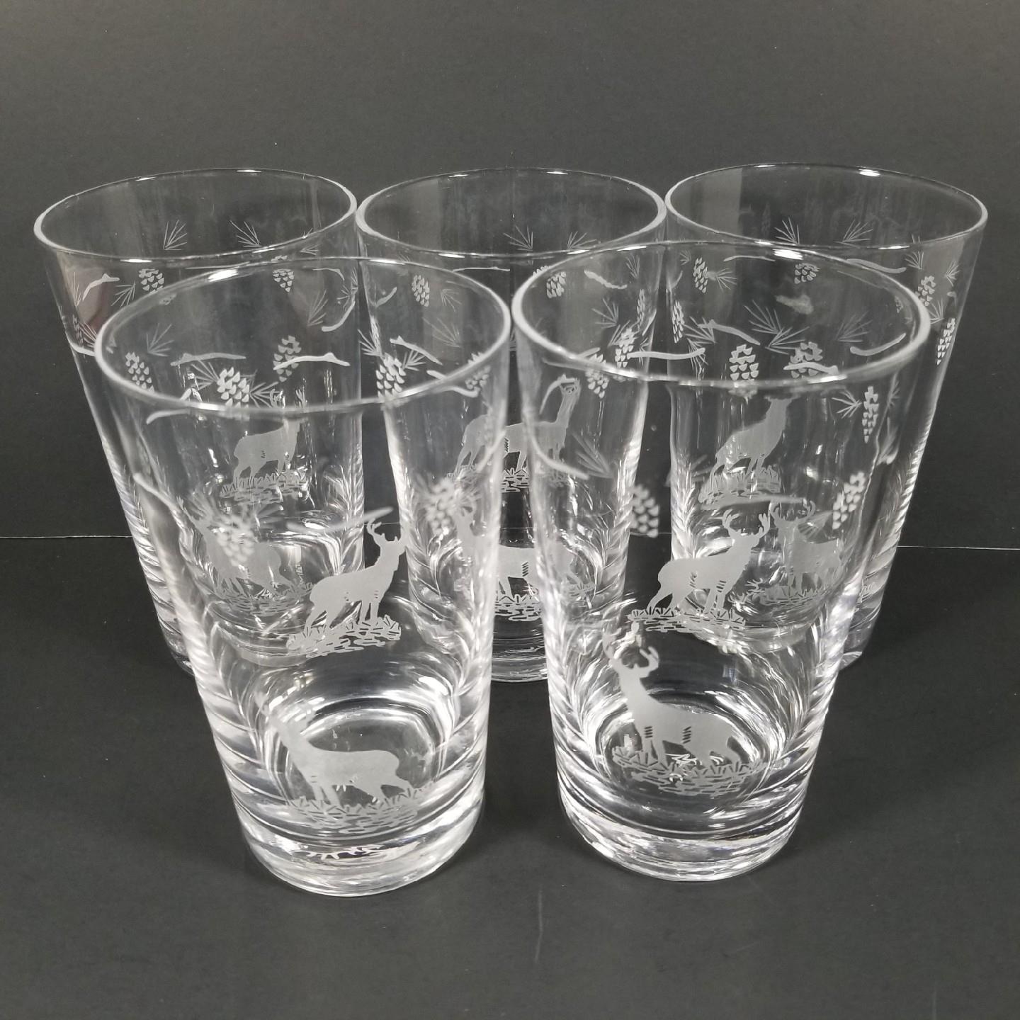 5 Vintage Williams Sonoma Etched Deer Tumbler Glass Set Lot Pint Water ...