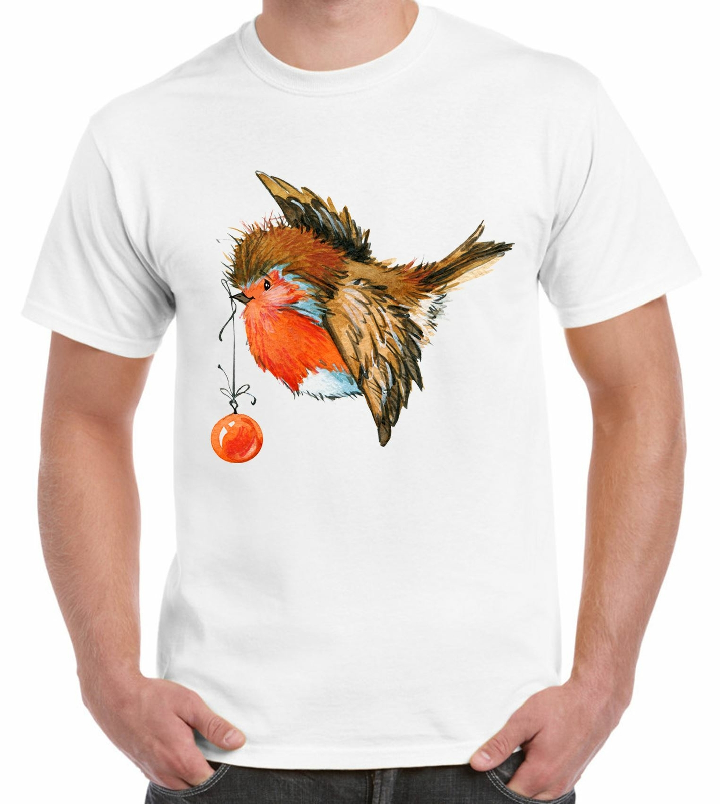 Christmas Robin With Bauble Cute Men's T-Shirt | eBay Australia