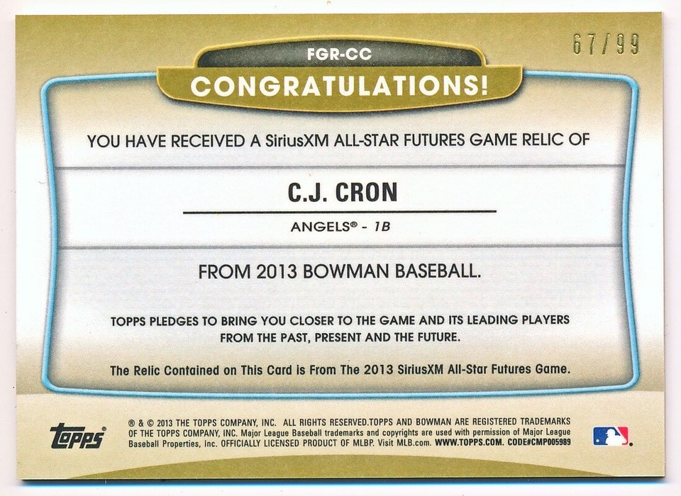 2013 Bowman Draft C.J. Cron Futures Game Relics Jersey Rc #FGR-CC (67/99) | eBay