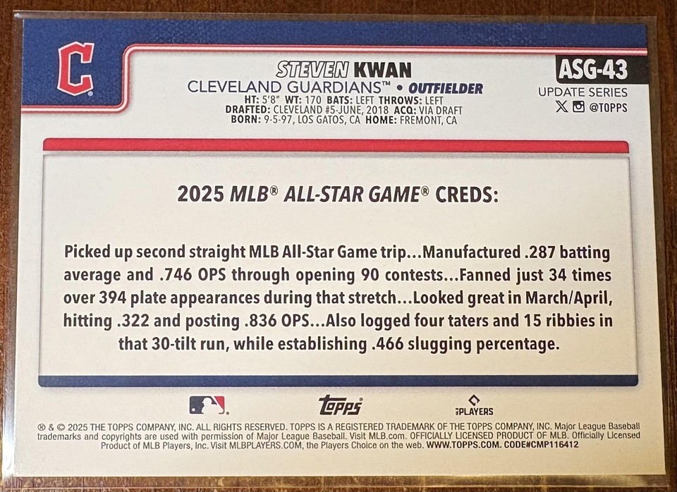 Steven Kwan All-Star Game 2025 Topps Update ASG-43 Cleveland Guardians ...