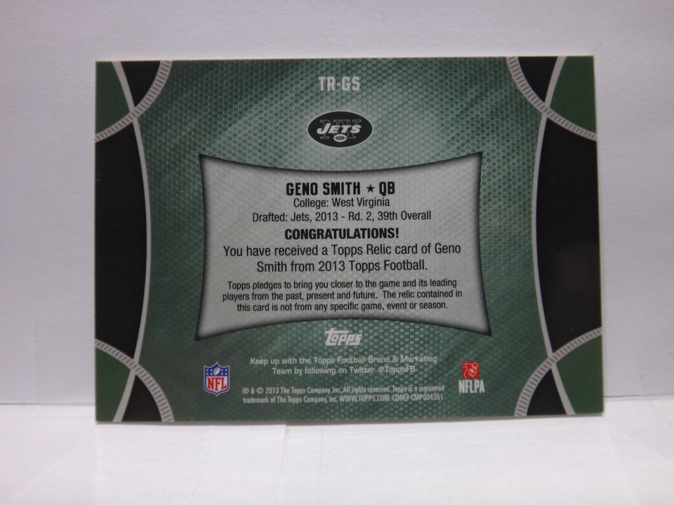 GENO SMITH RC PATCH JERSEY 2013 Topps Rookie Card #TR-GS Jets Seahawks ...