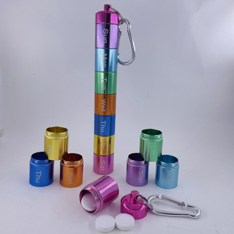 Weekly Metal Pill Box Organizer 7 Day Portable Waterproof Keychain Pill ...