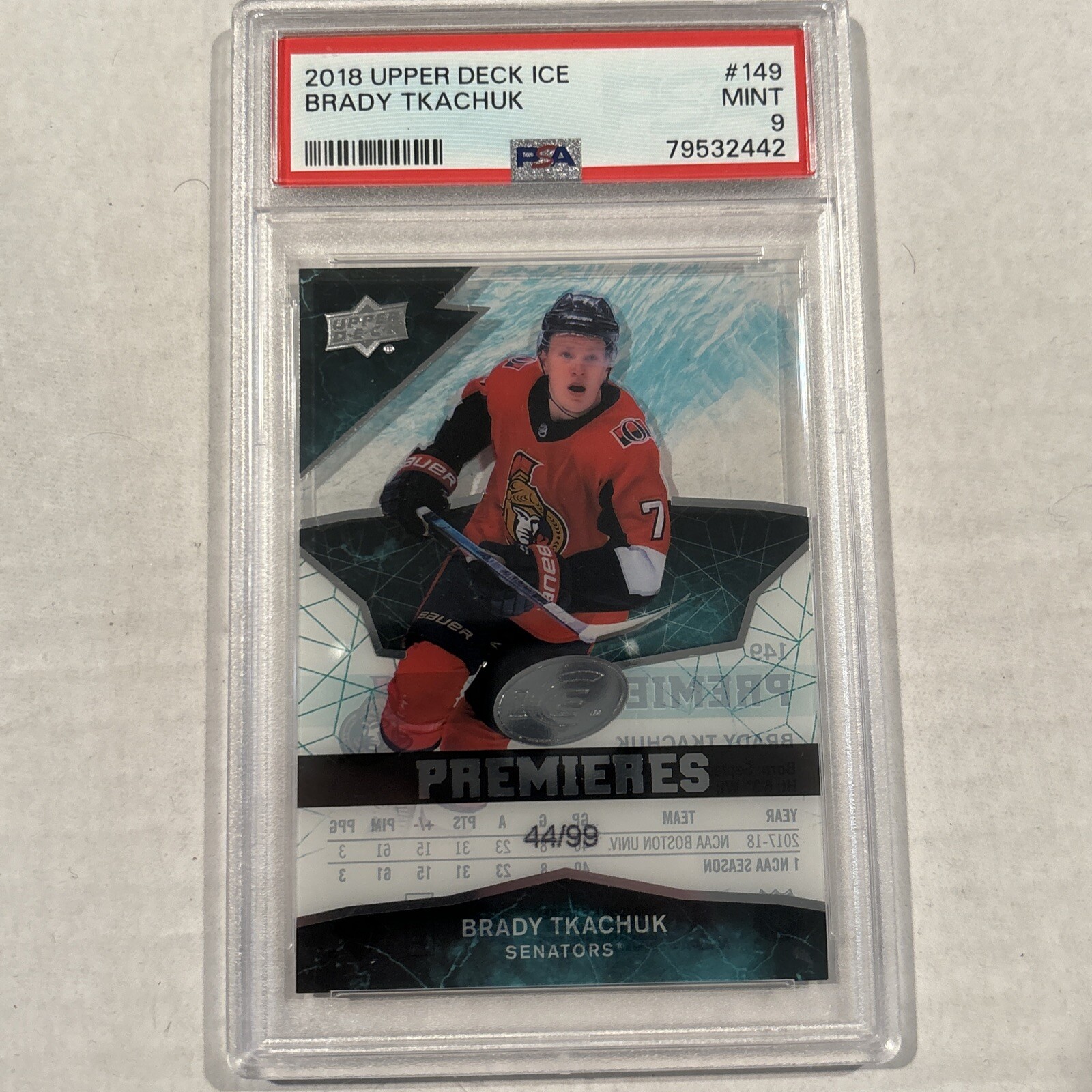 2018 Upper Deck Ice Brady Tkachuk Rookie Premieres /99 #149 PSA 9 RC | eBay