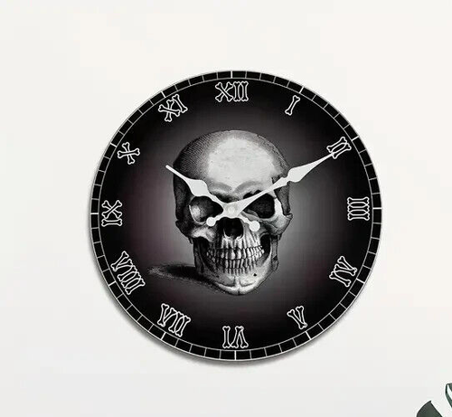Large Trendy GREY SKULL Wall Hanging 30cm Round Bones Numbers CLOCK New ...