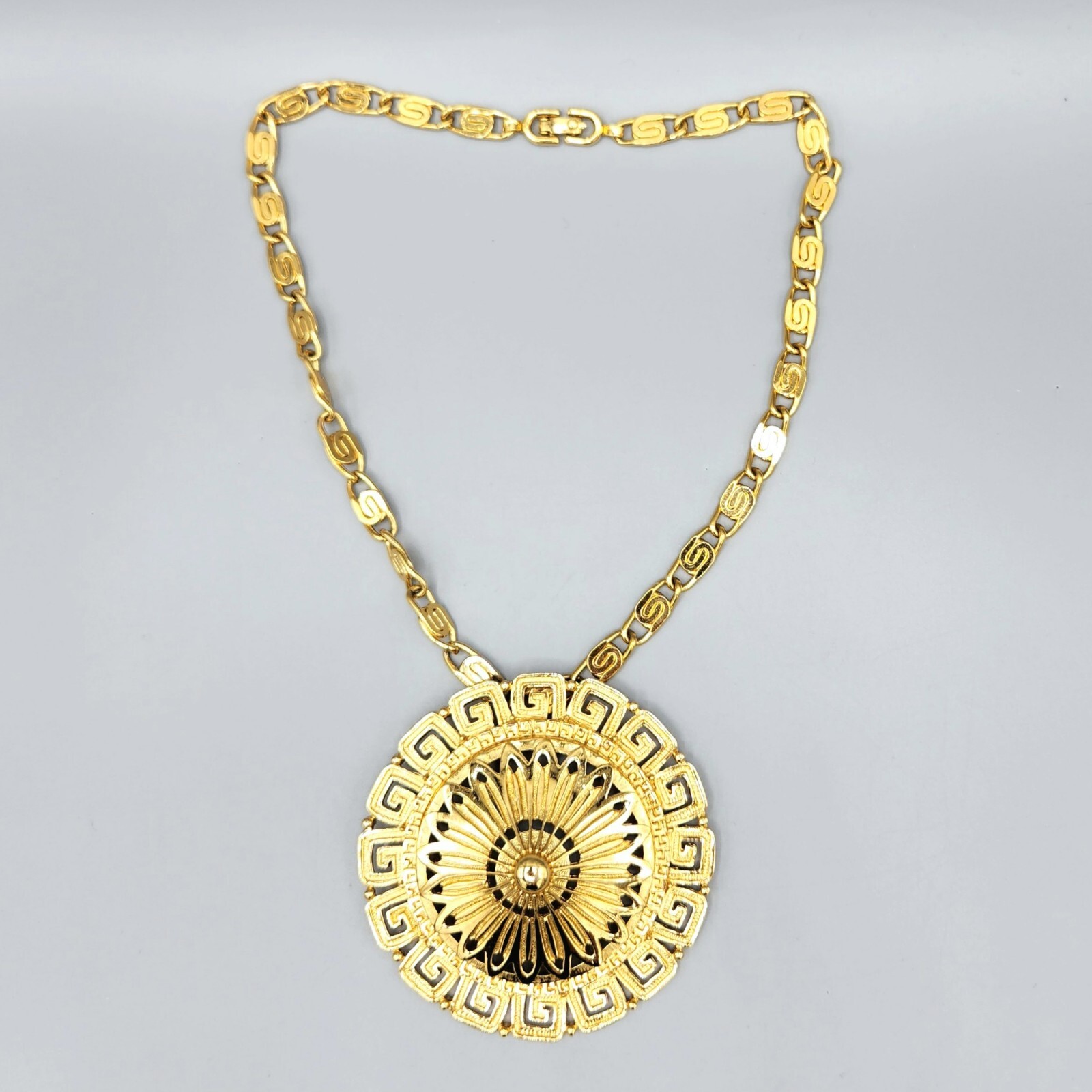1960s Monet Runway Gold Plated Greek Key Medallion Ch… - Gem