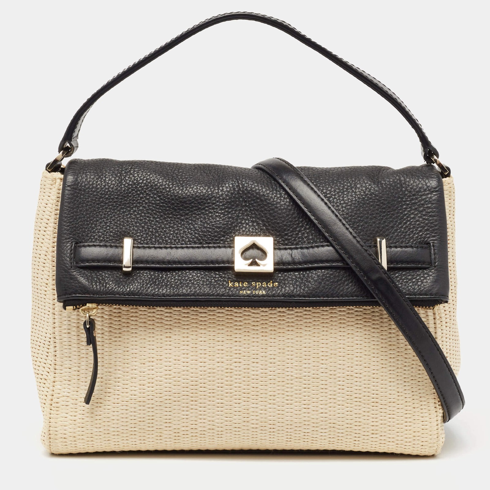 Kate Spade BeigeBlack Woven Straw and Leather Loula S… - Gem