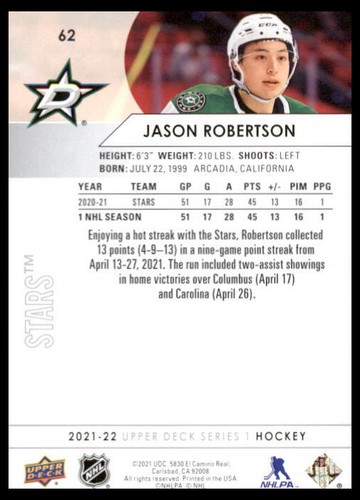2021 Upper Deck #62 Jason Robertson Dallas Stars Hockey Card | eBay