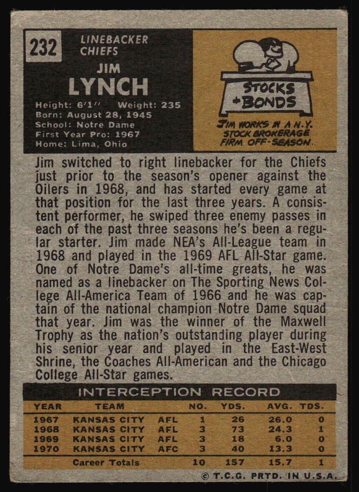 1971 Topps Jim Lynch #232 Kansas City Chiefs | eBay