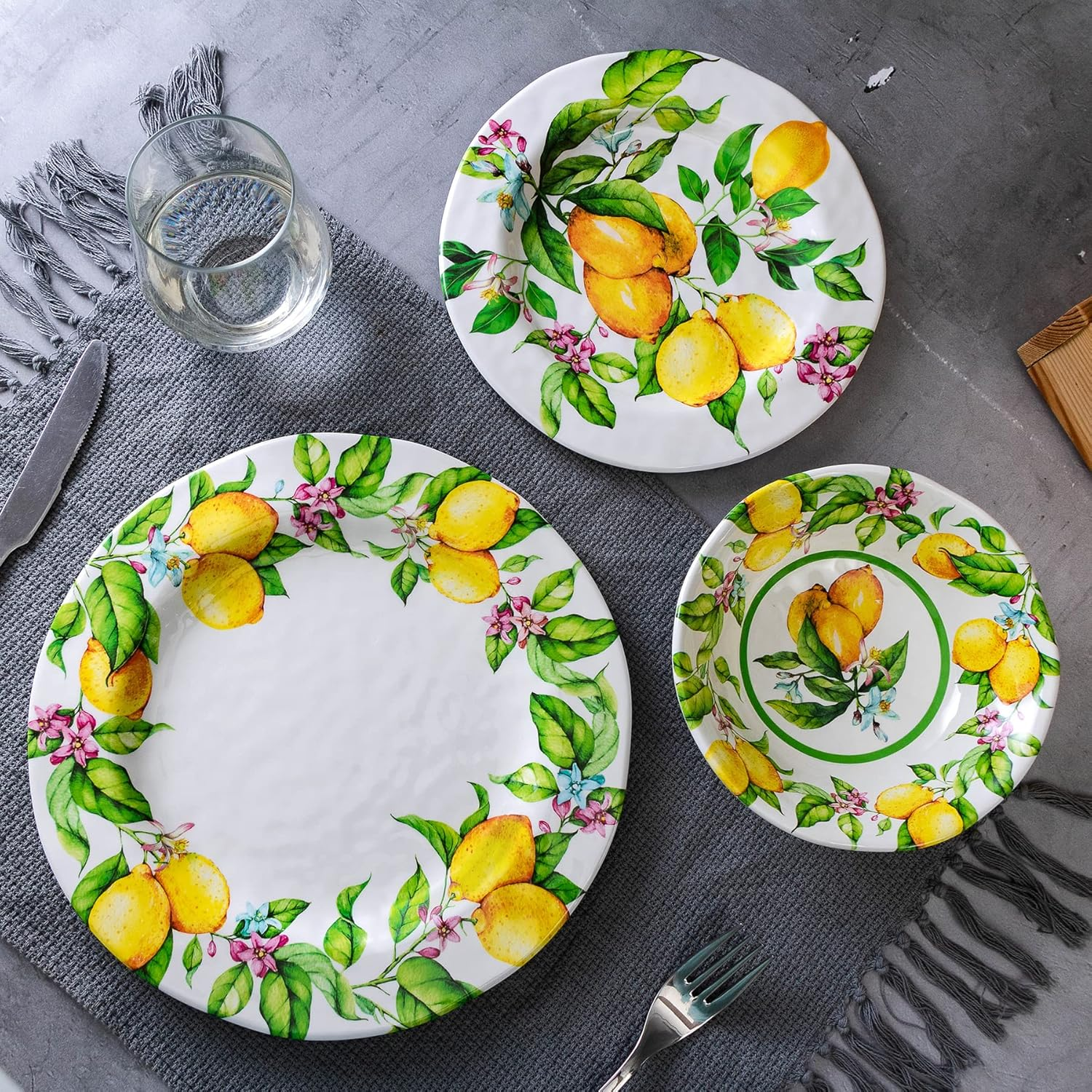 Lemon Melamine Dinnerware Dish Set – 12 Piece Indoor and Outdoor Plates ...