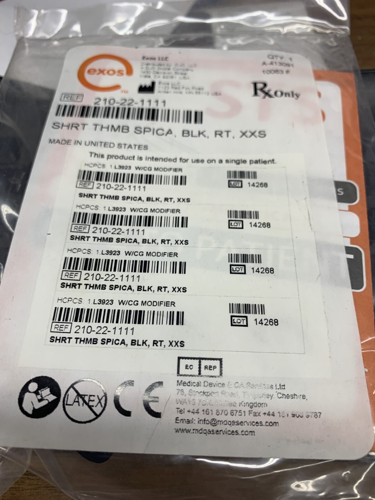 DJO EXOS SHORT THUMB SPICA 210-22-1111 XXSMALL RIGHT COLOR BLACK for ...