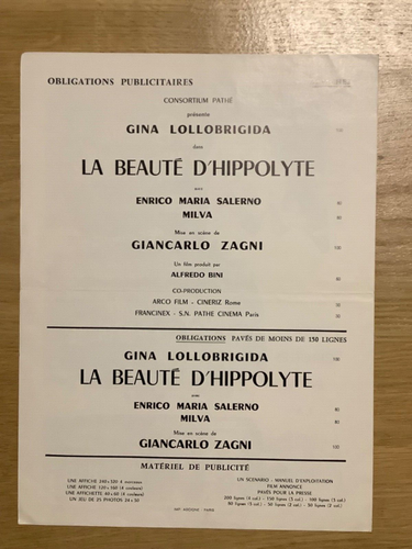 Dossier de presse »LA BEAUTÉ D’HIPPOLYTE » 1962- Gina LOLLOBRIGIDA ...