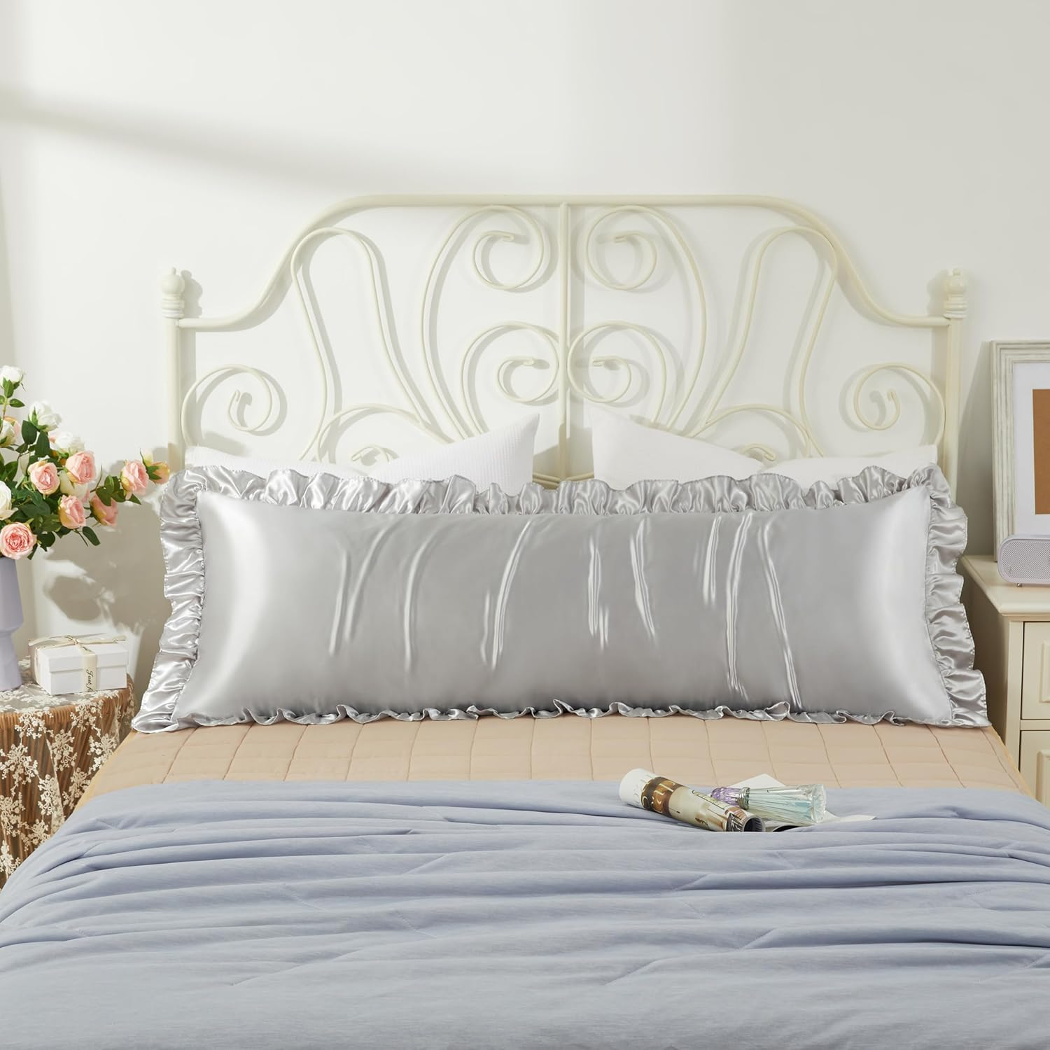 Light Gray Satin Pillowcases Body Pillow for Hair and Skin,Light Gray ...