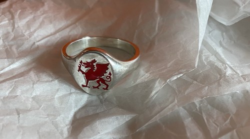 Welsh Dragon silver signet ring unisex red enamel mens Wales flag SIZE ...