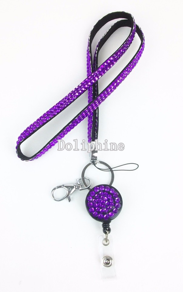 Multi Color Bling Rhinestone Lanyard with Retractable Reel for ID Badge ...