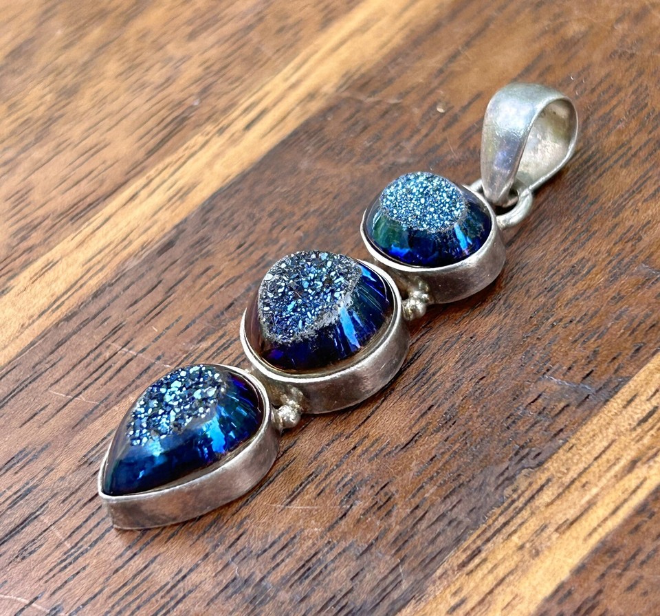 Vintage Sterling Silver Blue Druzy Quartz Pendant Handmade Jewelry | eBay