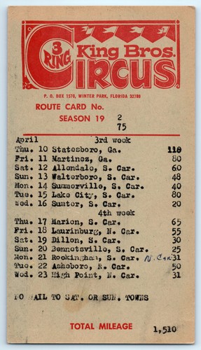 King Bros 3 Ring Circus Route Card No 2 1975 Summerville Sumter SC ...