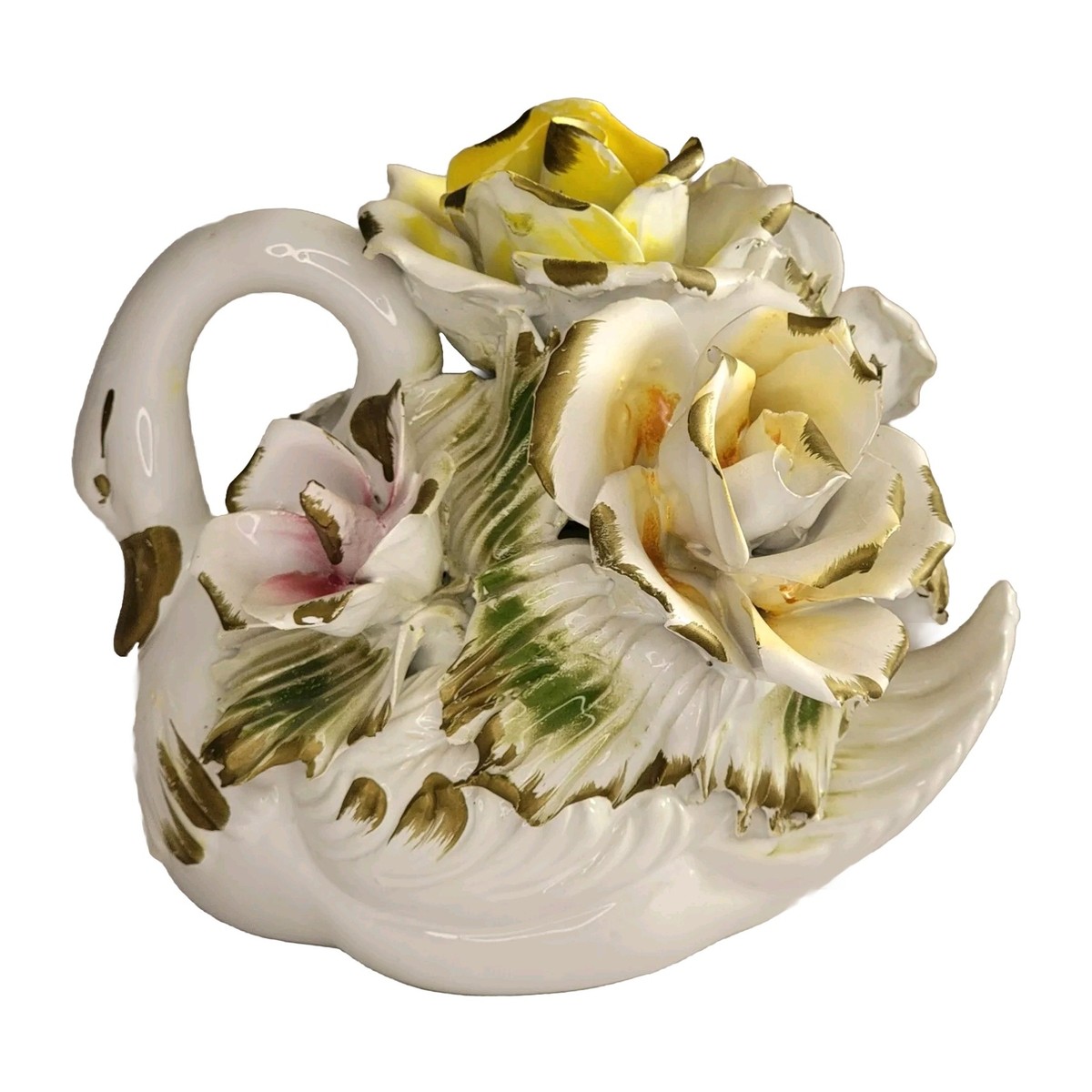 Vintage Capodimonte Porcelain Swan With Flowers Italy