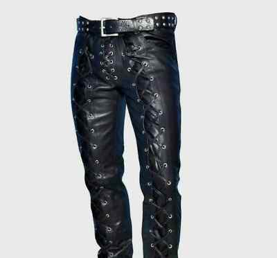 Mens Black Genuine Leather Pants Real Leather Lace Up Pants Trousers ...