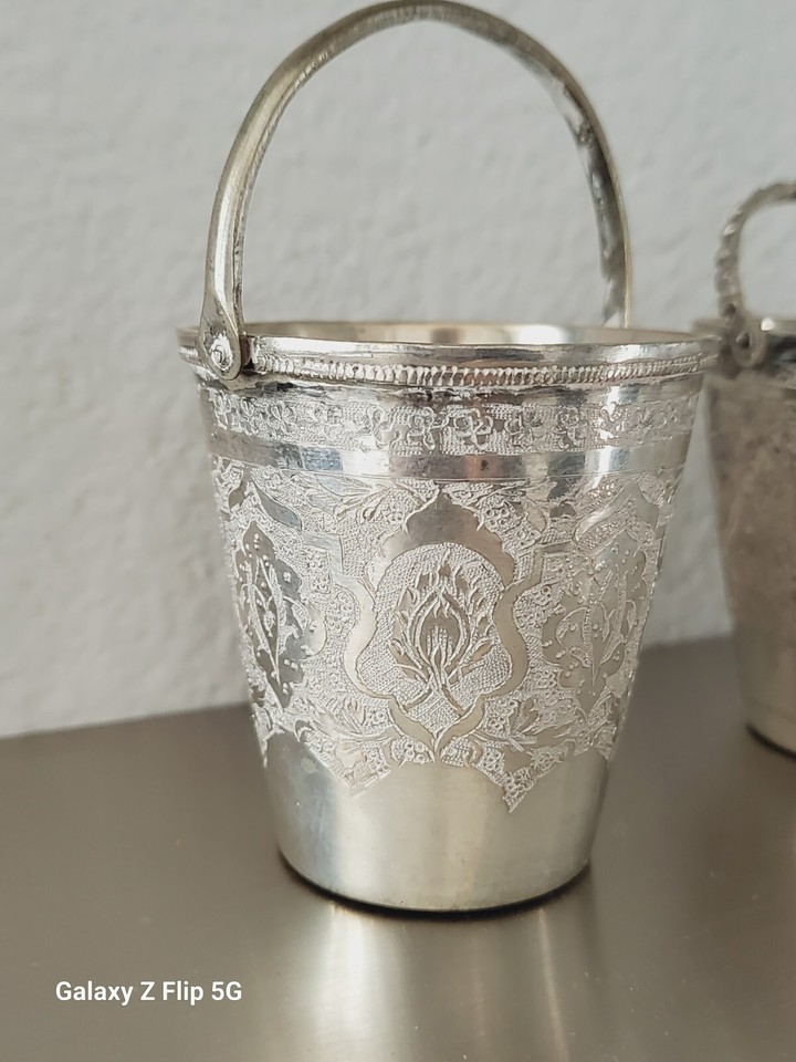 SET OF 3 ANTIQUE ORIGINAL MIDDLE EASTERN SOLID SILVER SHOT BUCKET 84 ...