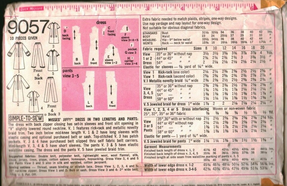 9057 Vintage Simplicity Sewing Pattern Misses Jiffy Dress Pants 1970s ...
