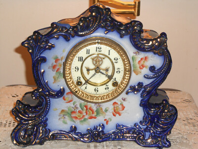 ANTIQUE ANSONIA COBALT BLUE KEY WIND BONG STRIKE PORCELAIN CLOCK ...