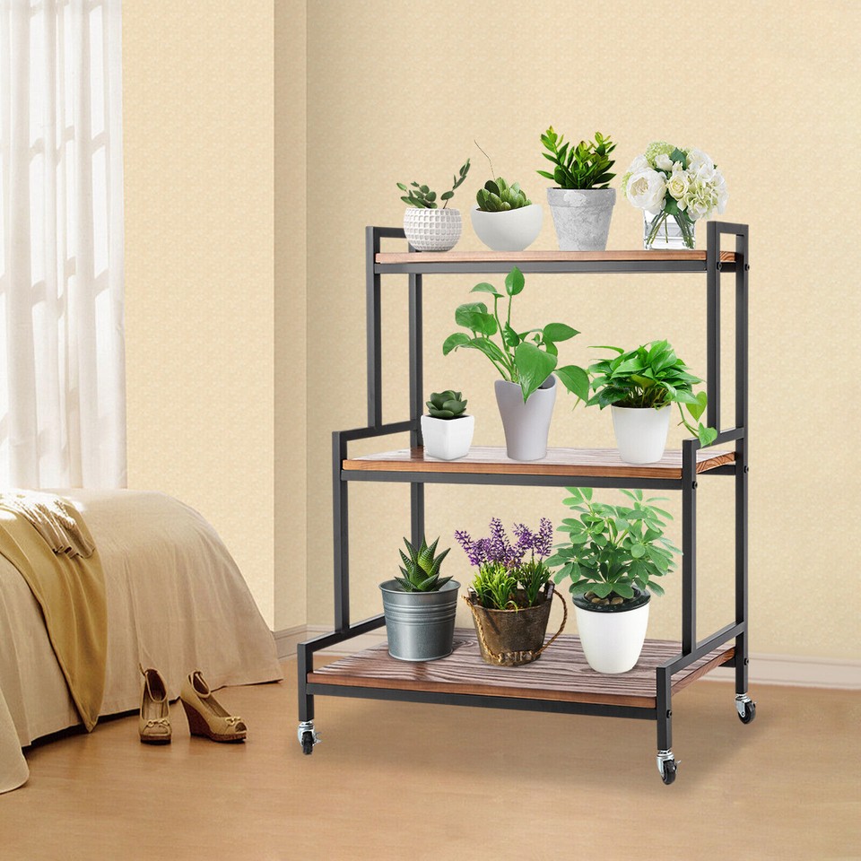 3-layer Rustic Plant Stand Rolling Plant Shelf Indoor Outdoor, Metal ...