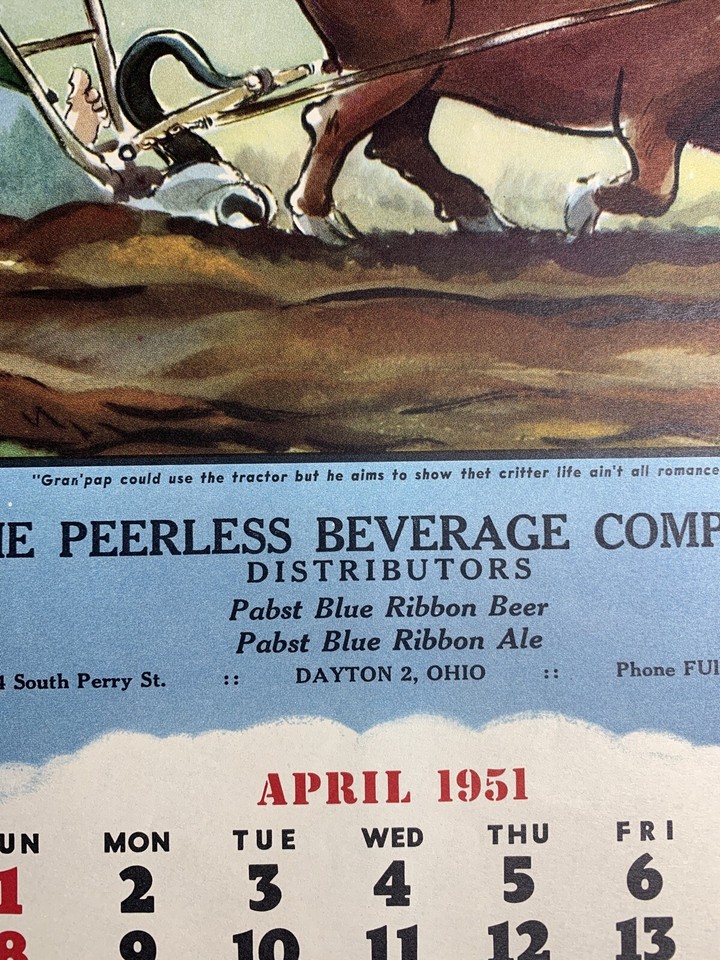 1951 Pabst Beer Calendar Page Sign Dayton Ohio Paul Webb Mountain ...