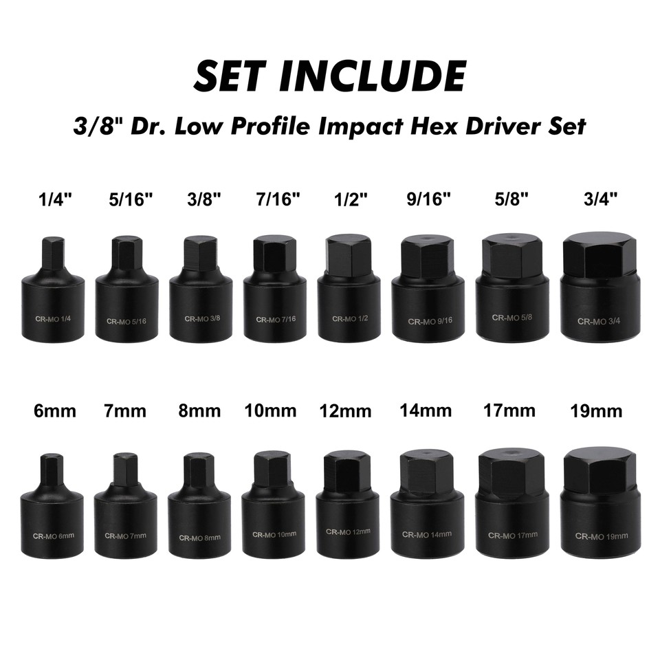 16 Pcs 3/8 Inch Drive Low Profile Impact Hex Driver Set Cr-Mo 1/4"-3/4 ...