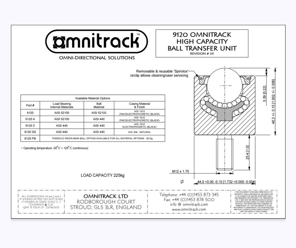 Omnitrack 9120 Ball Transfer Unit, w/ Steel Ball & M12 thread, Max ...