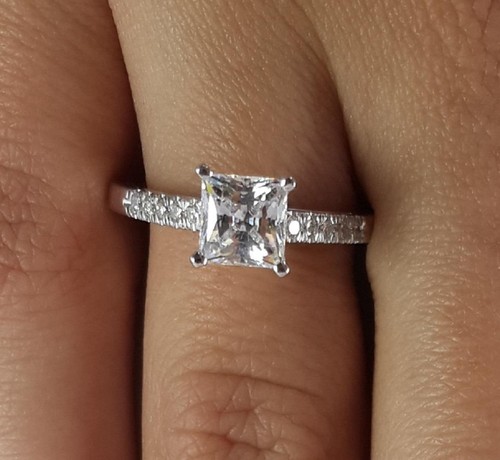 2 Ct 4 Prong Pave Princess Cut Diamond Engagement Ring VS1 F White Gold ...