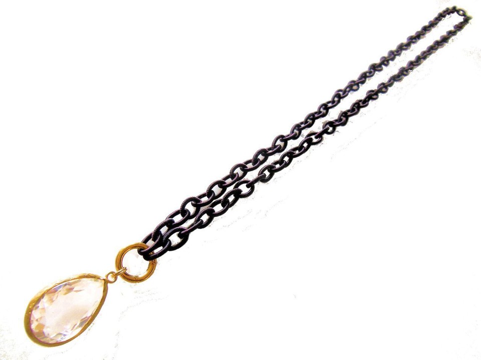 NEW: Clear Crystal Pendant & Earrings, Brown Silk Chain- Cool Clasp ...