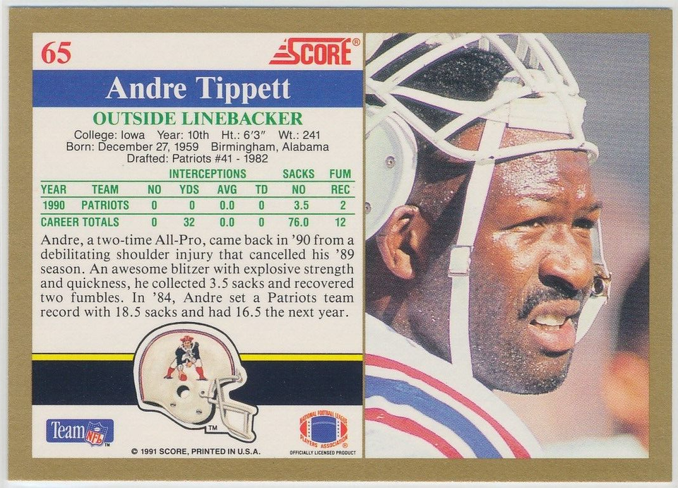 Andre Tippett - New England Patriots - 1991 Score Football - Base - #65 ...