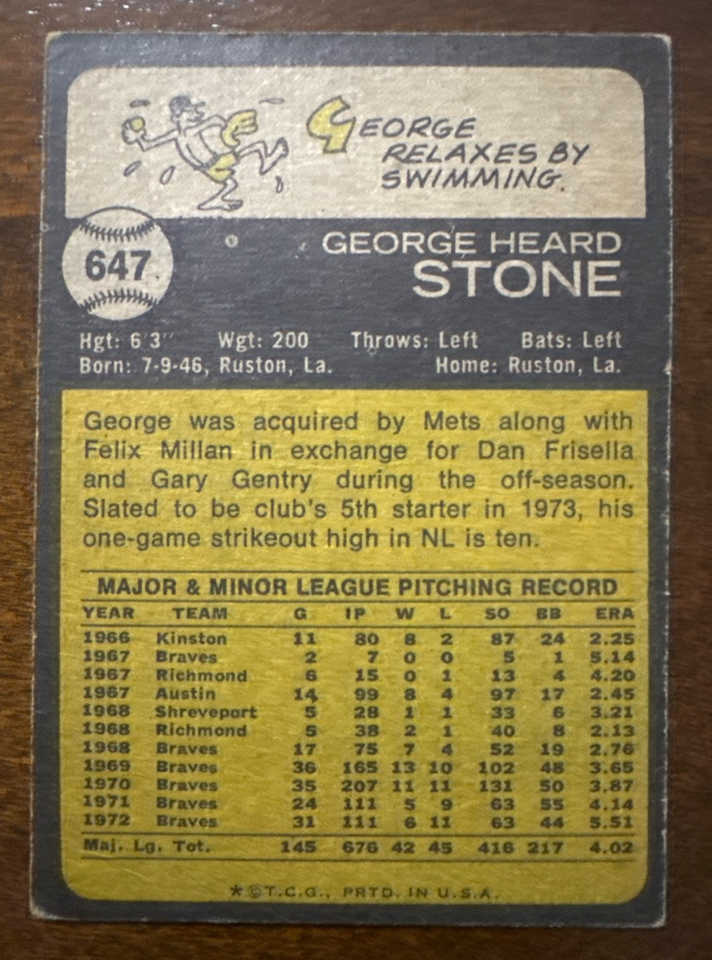1973 Topps GEORGE STONE Autographed Baseball Card #647 METS | eBay UK