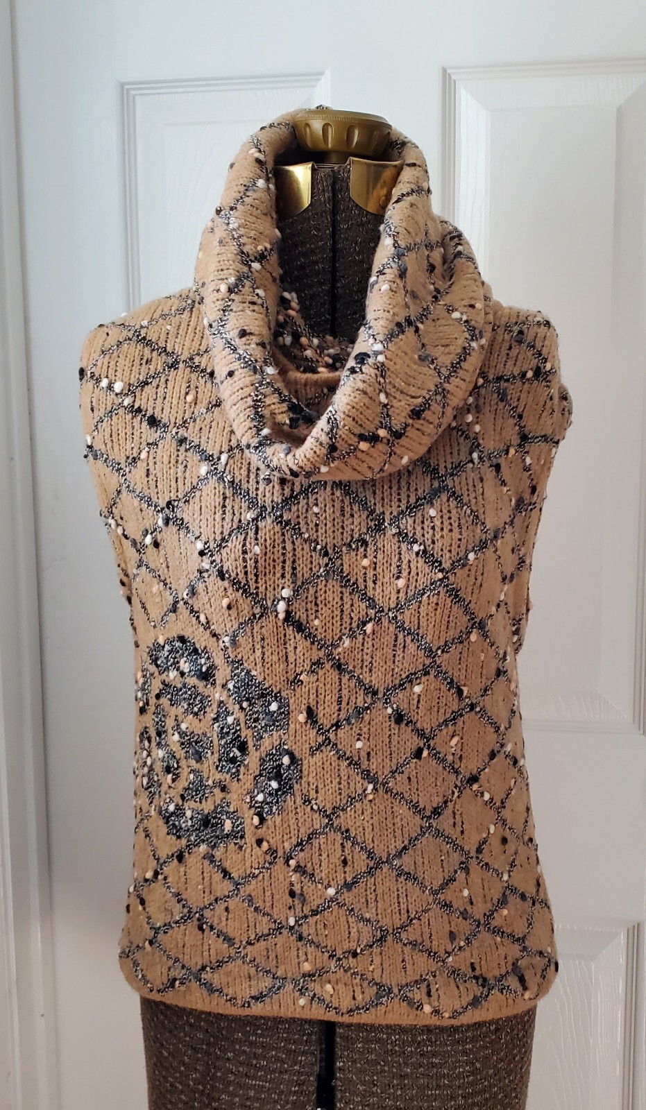 AUTH "COCO" CHANEL TAN/MULTI KNIT BOULCE WOOL BLEND COWLNECK CAMELIA ...